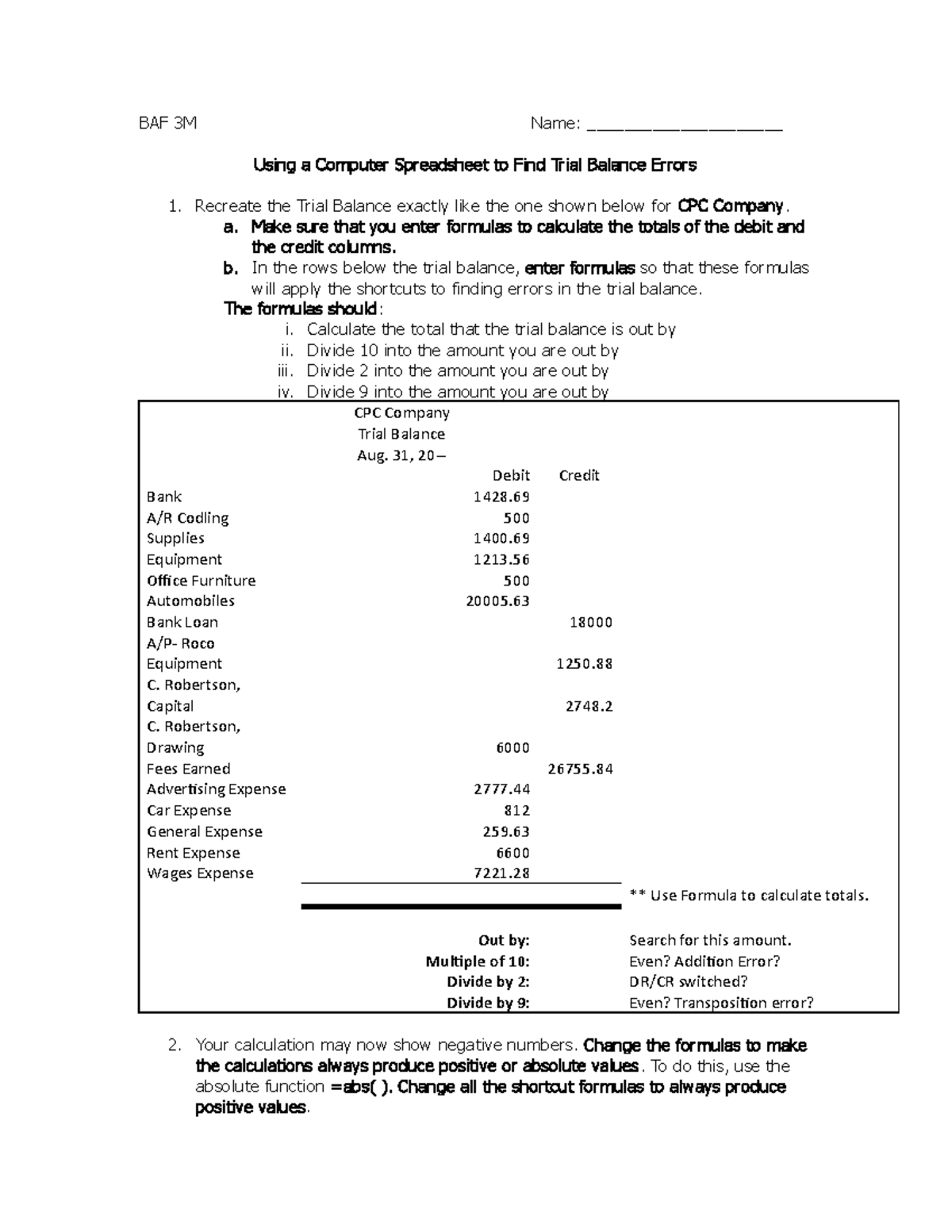 02 - Trial Balance-out-by activity accounting cost - BAF 3M Name ...