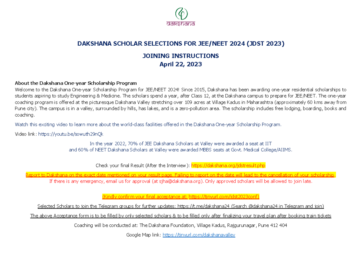 JDST Joining Instruction 2023 - DAKSHANA SCHOLAR SELECTIONS FOR JEE ...