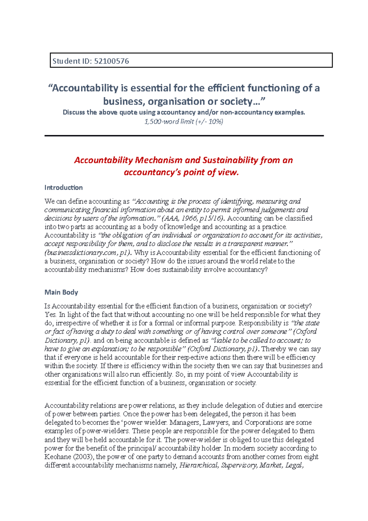 Accounting and Accountability - Essay - 1011 - “Accountability is ...