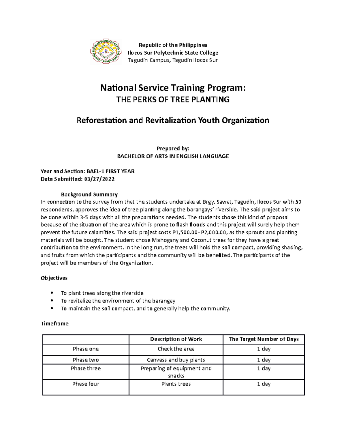 Project Proposal. BAEL-1 - Republic of the Philippines Ilocos Sur ...