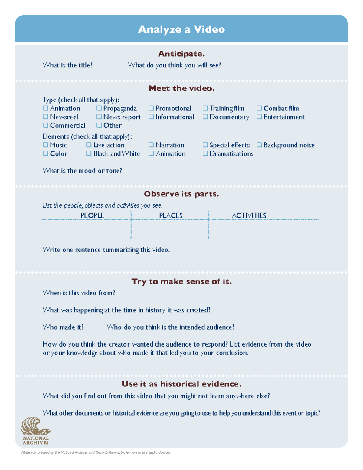 Motion picture analysis worksheet 2 - Materials created by the National ...