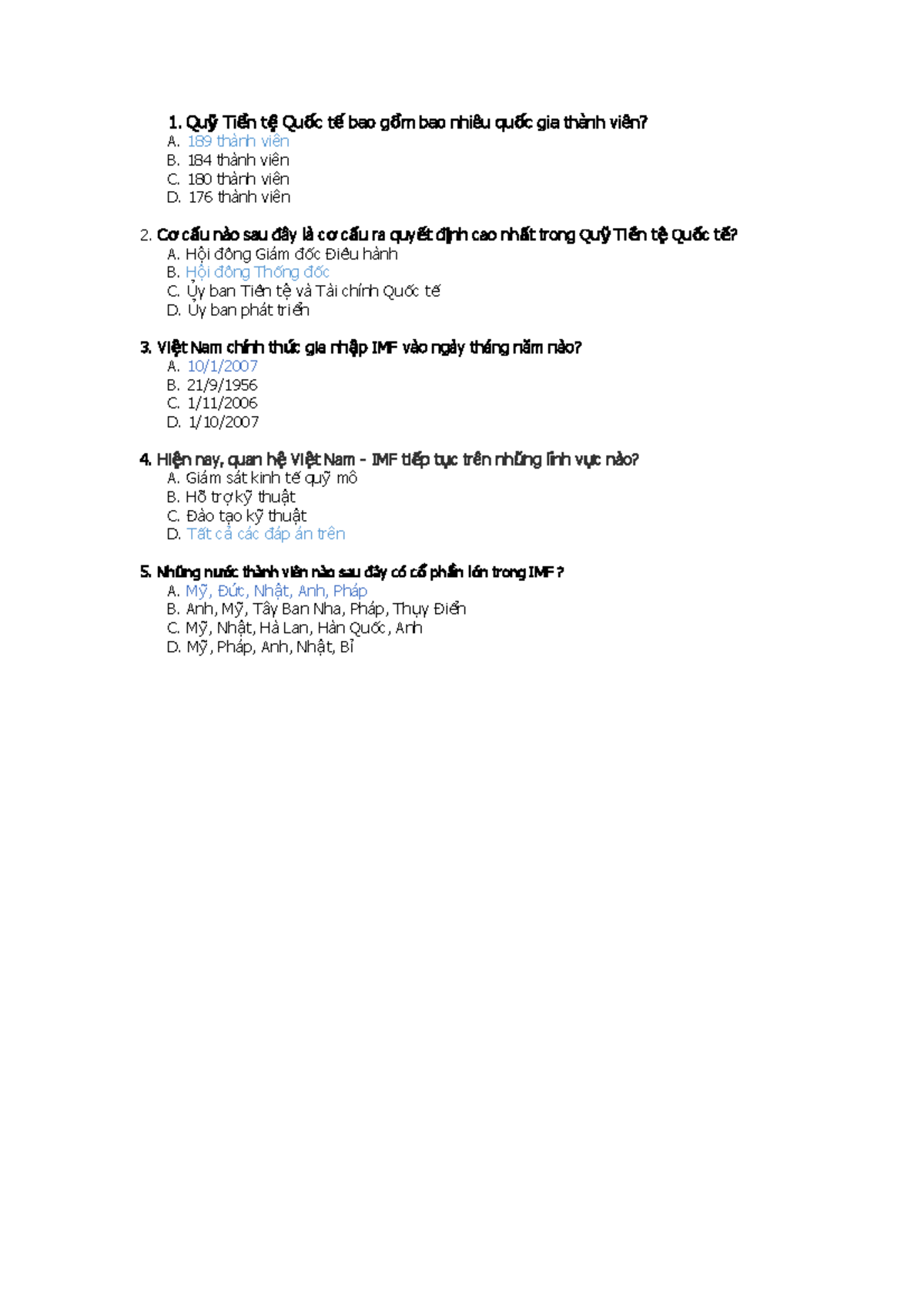 Câu trắc nghiệm - IMF - 1. Qu ỹ Ti ền t ệ Qu ốc t ế bao g ồm bao nhiêu qu ốc gia thành viên? A ...