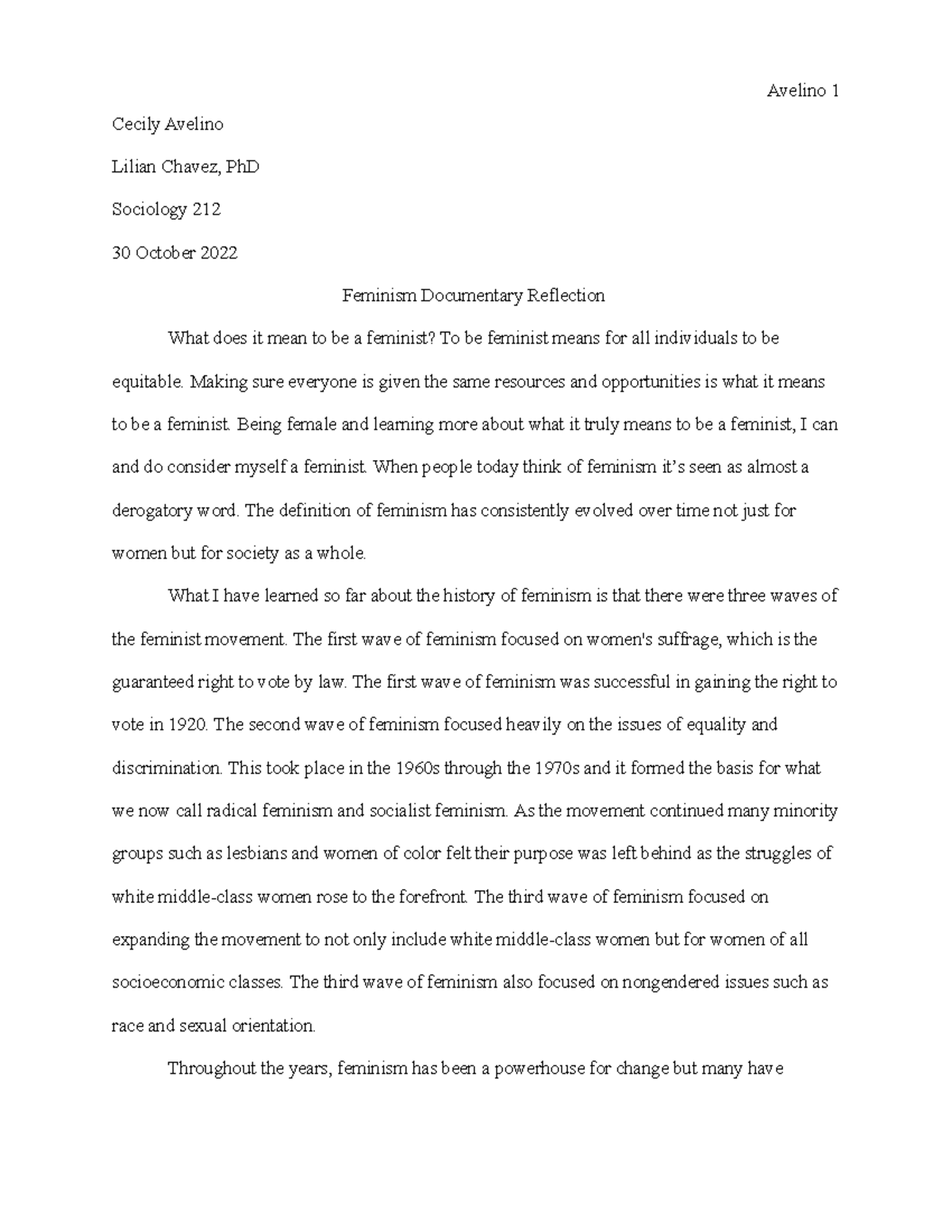Feminism Documentary Reflection - Avelino 1 Cecily Avelino Lilian ...