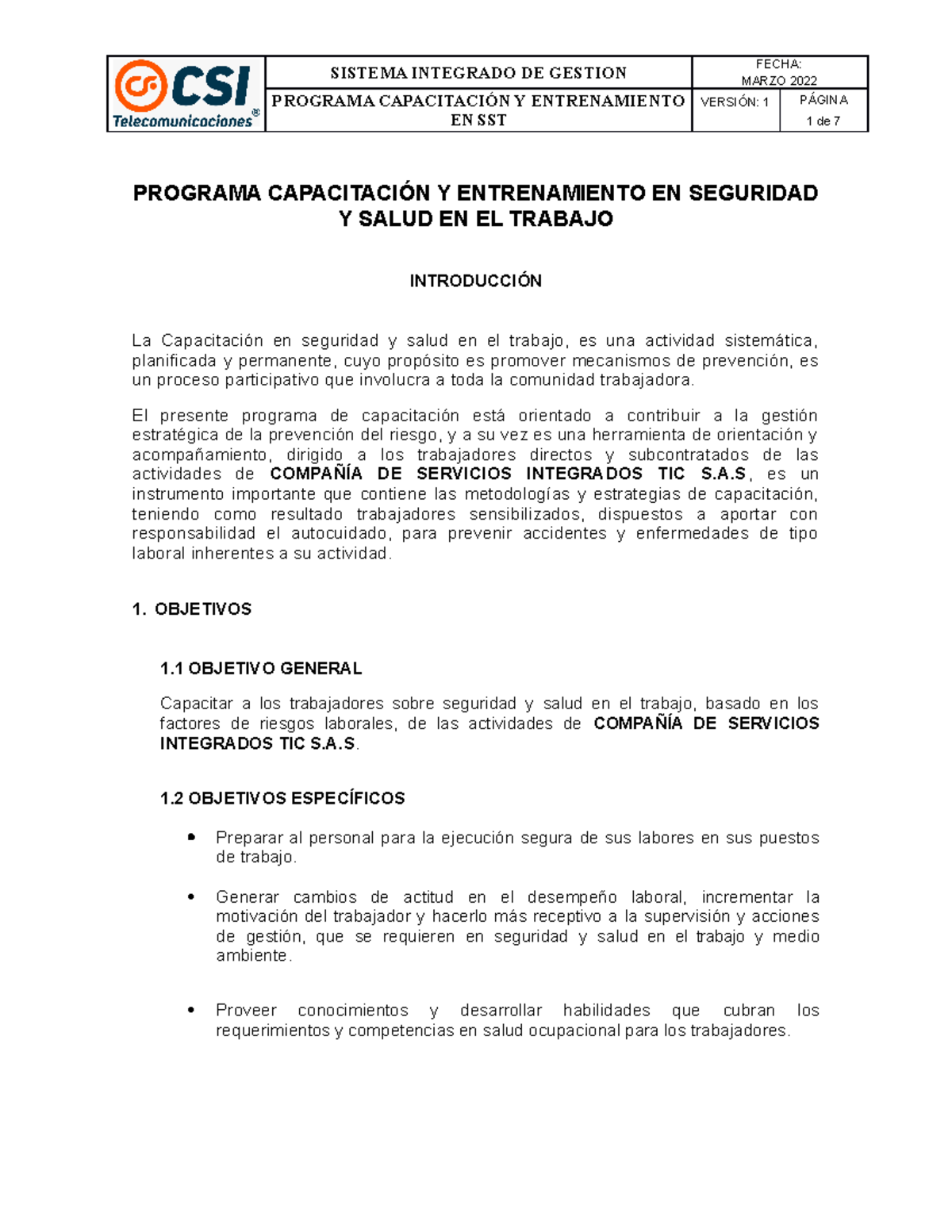 Anexo 124. SST-PG-01. Programa Capacitacion Y Entrenamiento - PROGRAMA ...