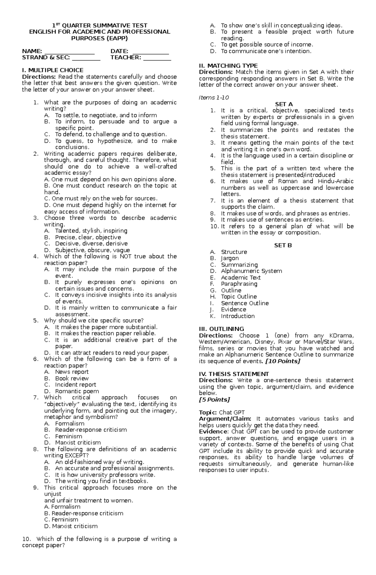 1ST Quarter Summative TEST - 1 ST QUARTER SUMMATIVE TEST ENGLISH FOR ...