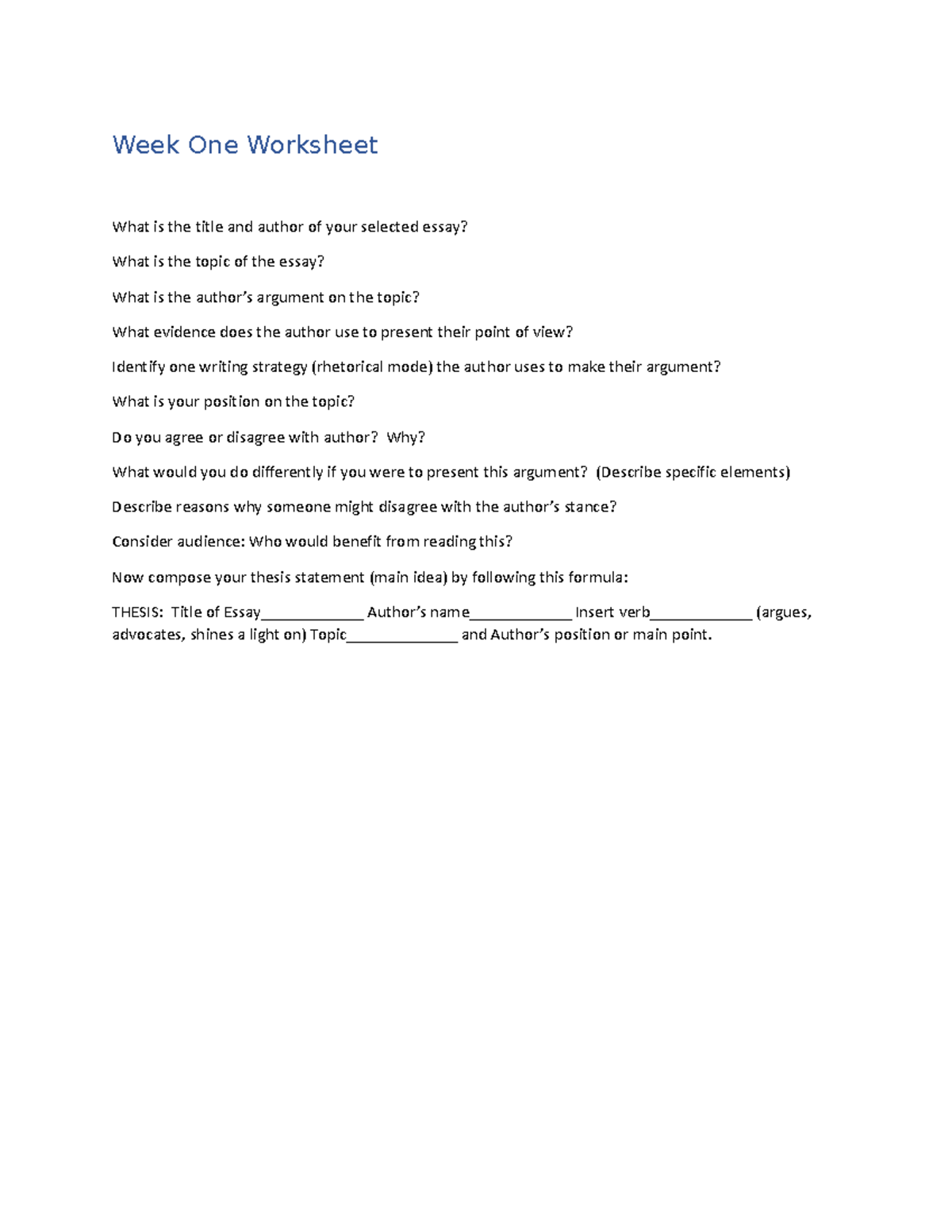 Week One Worksheet 112223 - Week One Worksheet What is the title and ...