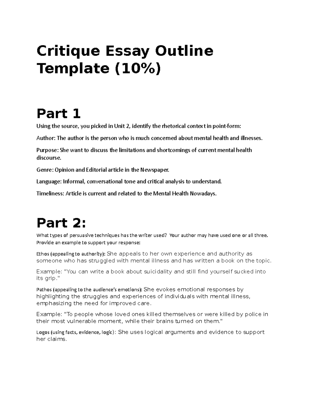 RAVI(301276475) Project 1 essay outline - Critique Essay Outline ...