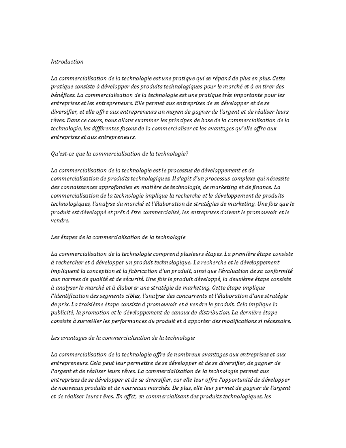Technology Commercialization note study - Introduction La commercialisation de la technologie ...