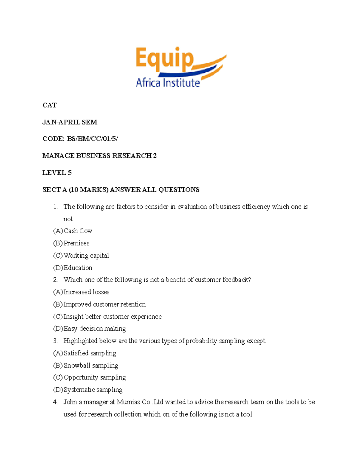 CAT - skills - CAT JAN-APRIL SEM CODE: BS/BM/CC/01/5/ MANAGE BUSINESS ...