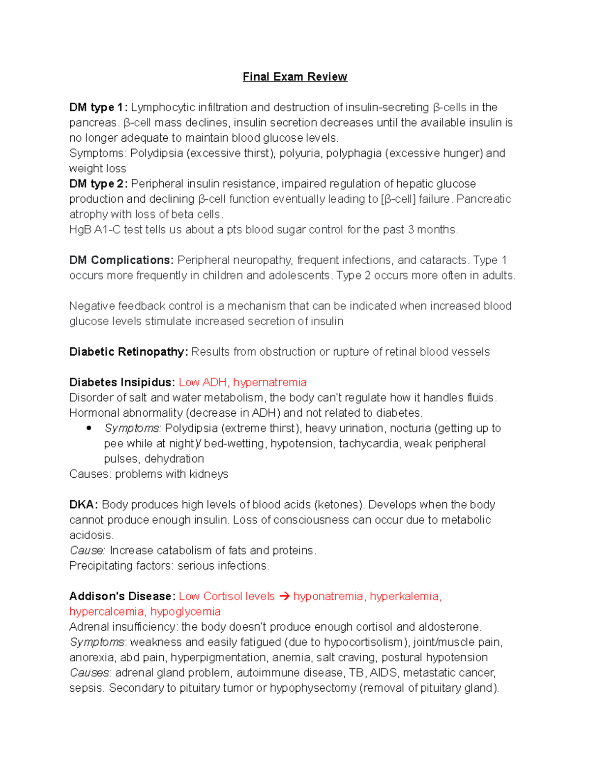 Final Exam Outline - idr - Final Exam Review DM type 1: Lymphocytic ...