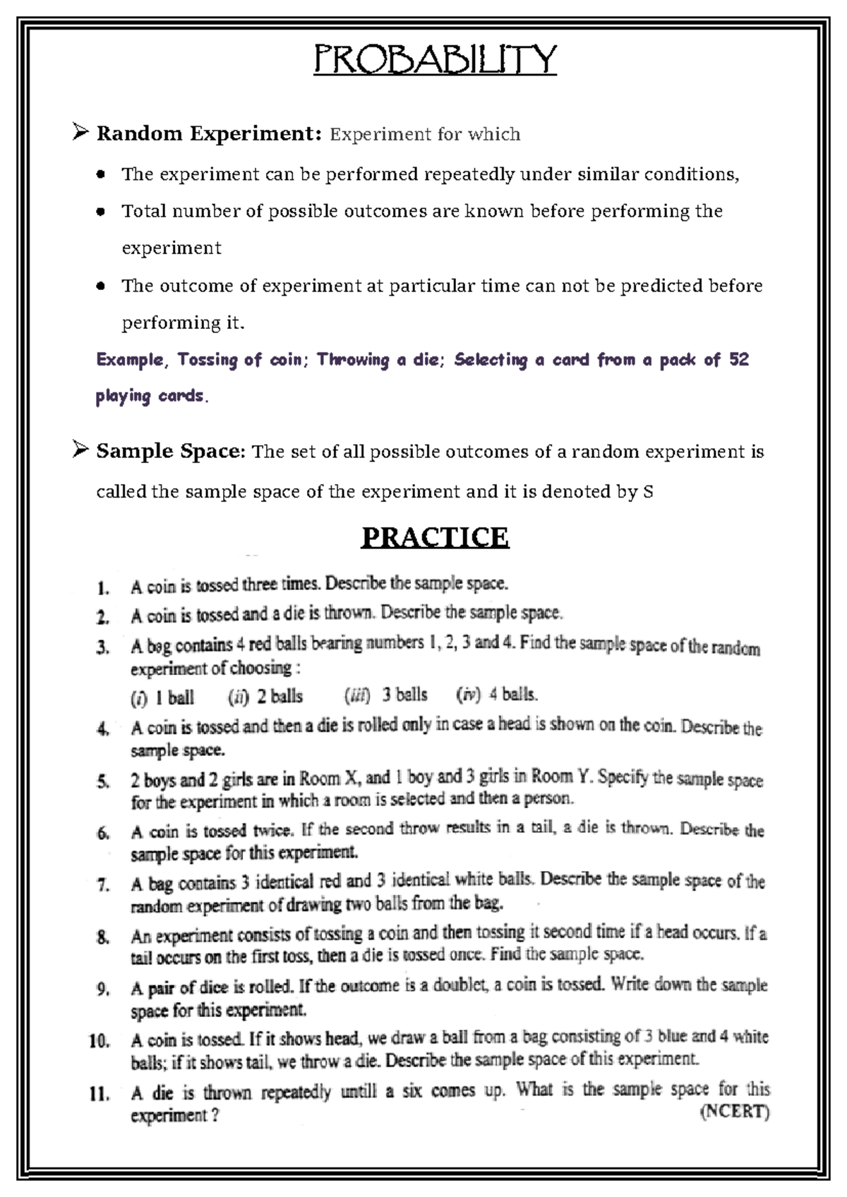 Ch 14 Probability (XI) Notes Maths ncert class 12 - Random Experiment ...