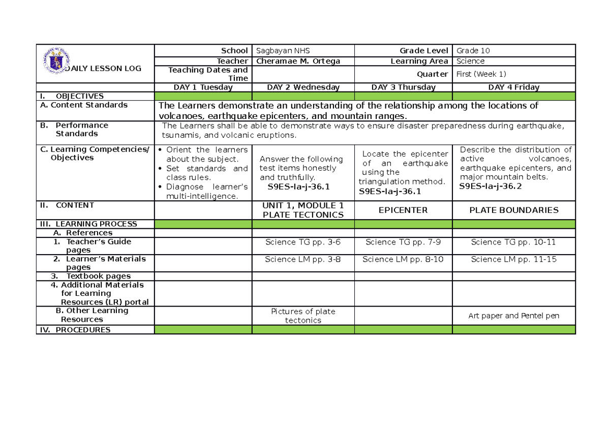 WEEK-1 - nbmnbmn - DAILY LESSON LOG School Sagbayan NHS Grade Level ...