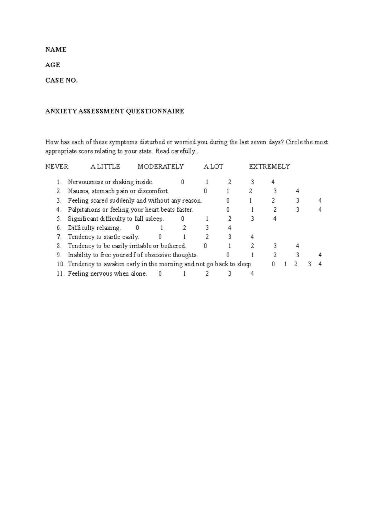 Anxiety Assessment - NAME AGE CASE NO. ANXIETY ASSESSMENT QUESTIONNAIRE ...
