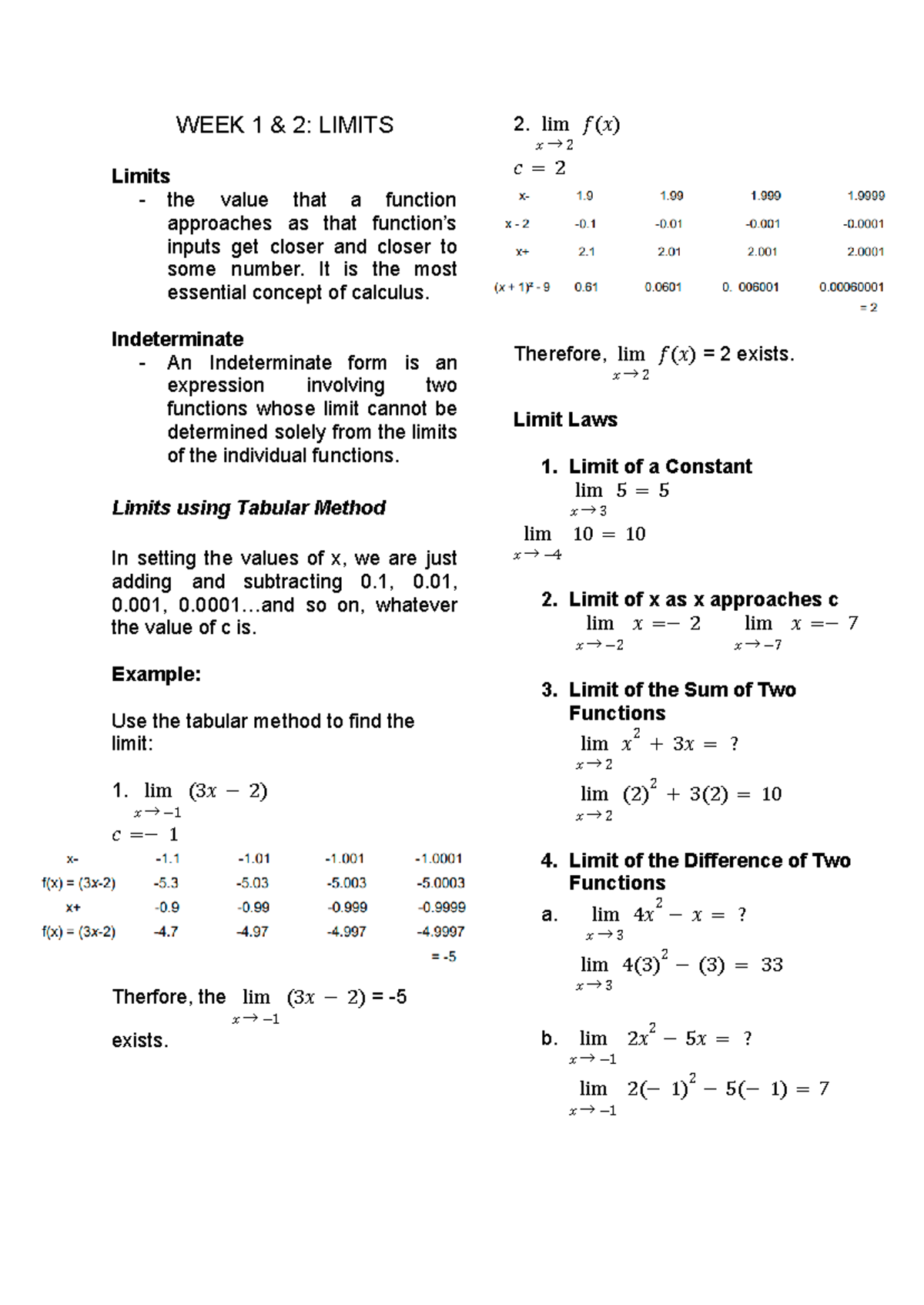 BC Reviewer - WEEK 1 & 2: LIMITS Limits - the value that a function approaches as that - Studocu