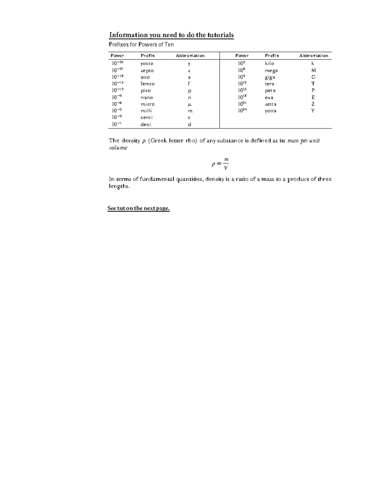 CH 1 Tut - The density r (Greek letter rho) of any substance is defined ...