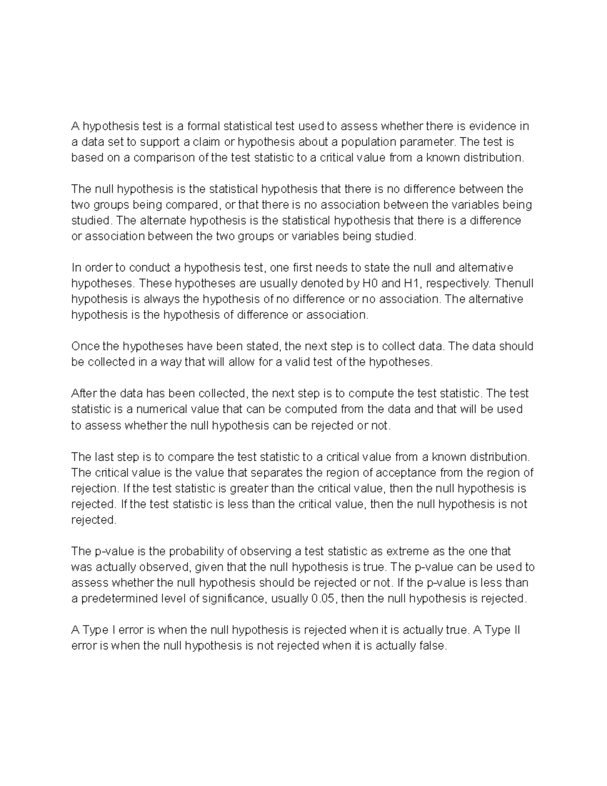 STAT390 course outline - A hypothesis test is a formal statistical test ...