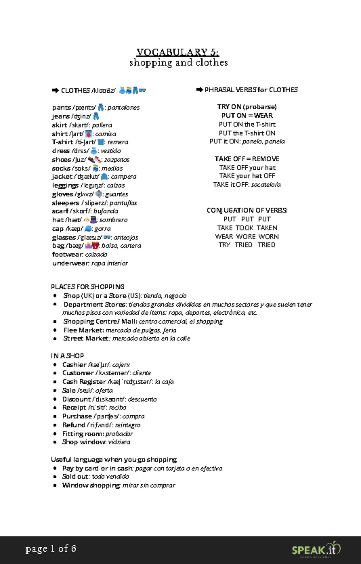 Clothes and Shopping - page 1 of 6 VOCABULARY 5: shopping and clothes ...