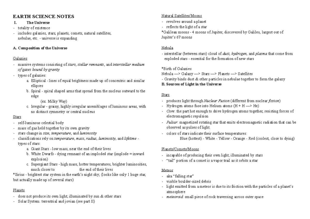 Earth Science Notes - EARTH SCIENCE NOTES I. The Universe totality of ...
