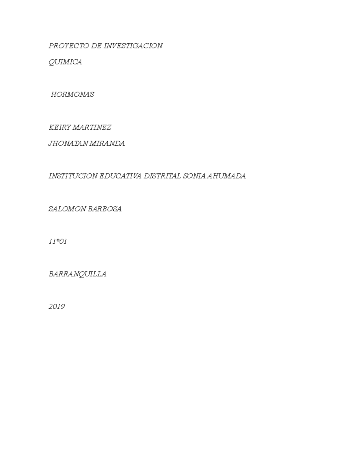 Proyecto DE Investigacion quimica (1) - PROYECTO DE INVESTIGACION ...