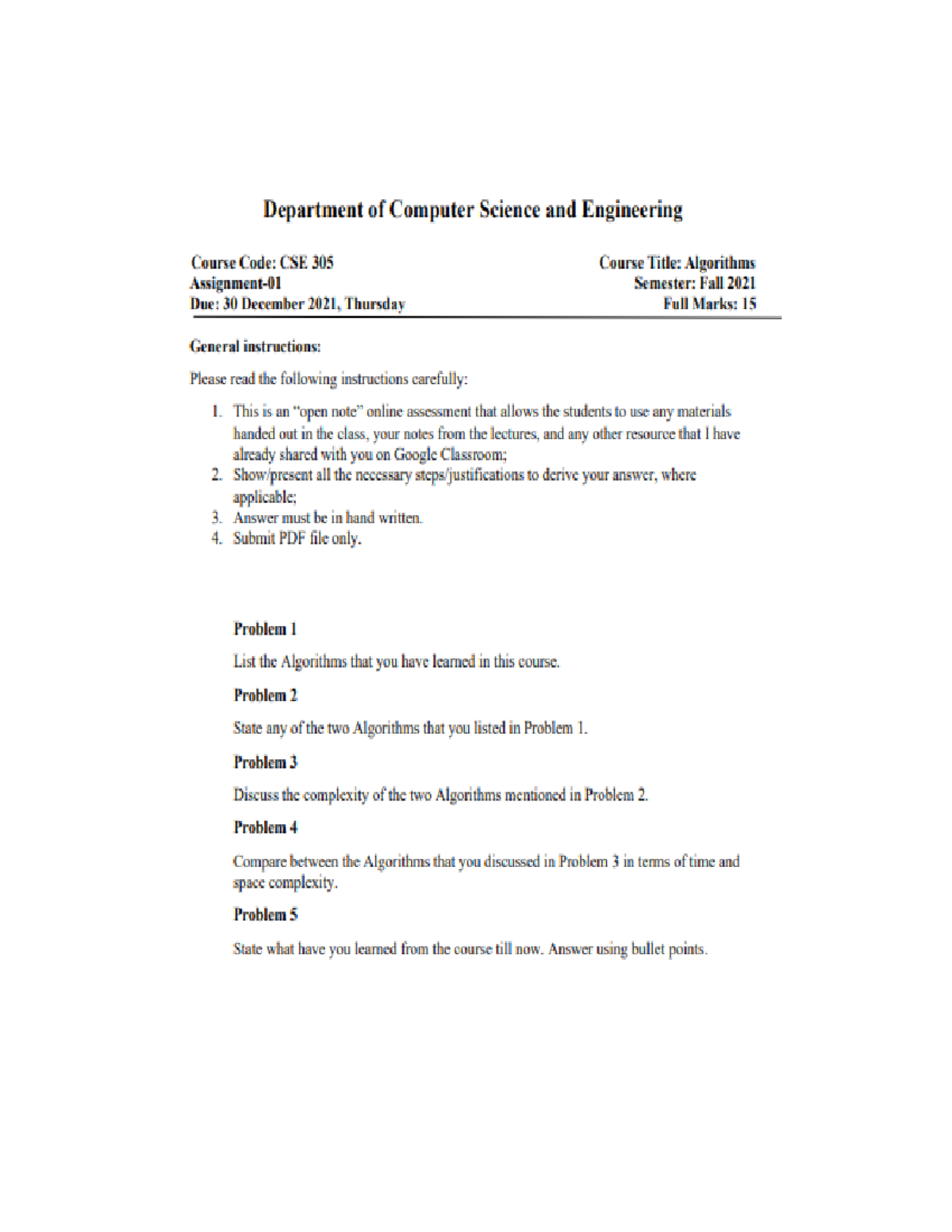 Assignment 1 Fall 21 Section 2 - Algorithms - Studocu