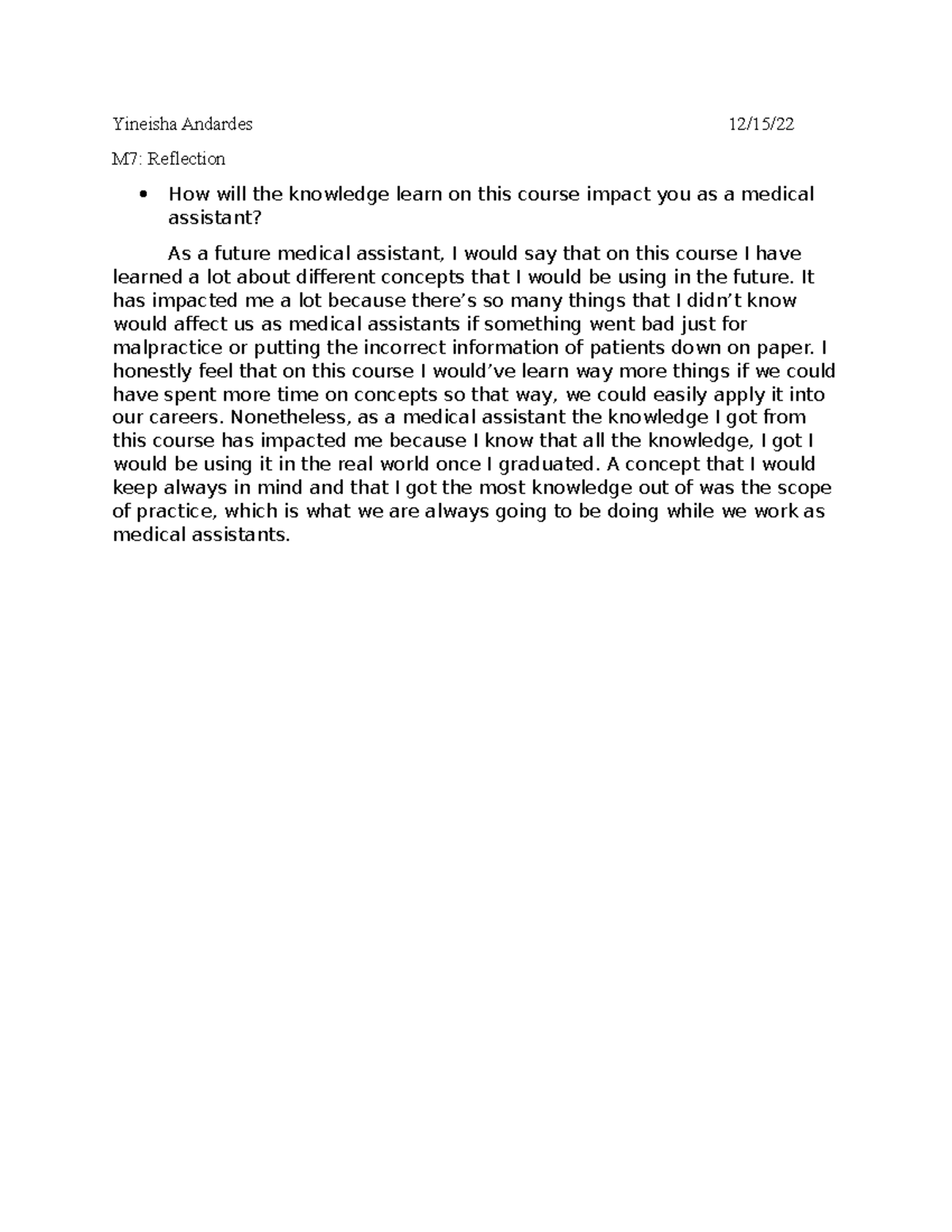 Intro to Health Care Reflection 7 - Yineisha Andardes 12/15/ M7 ...