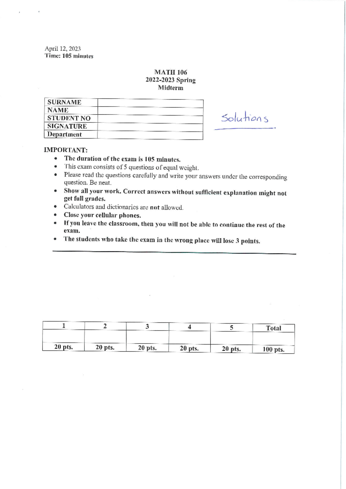 MATH 106 2022-23 Spring Midterm Solutions - April 12, 2023 Time: 105 ...