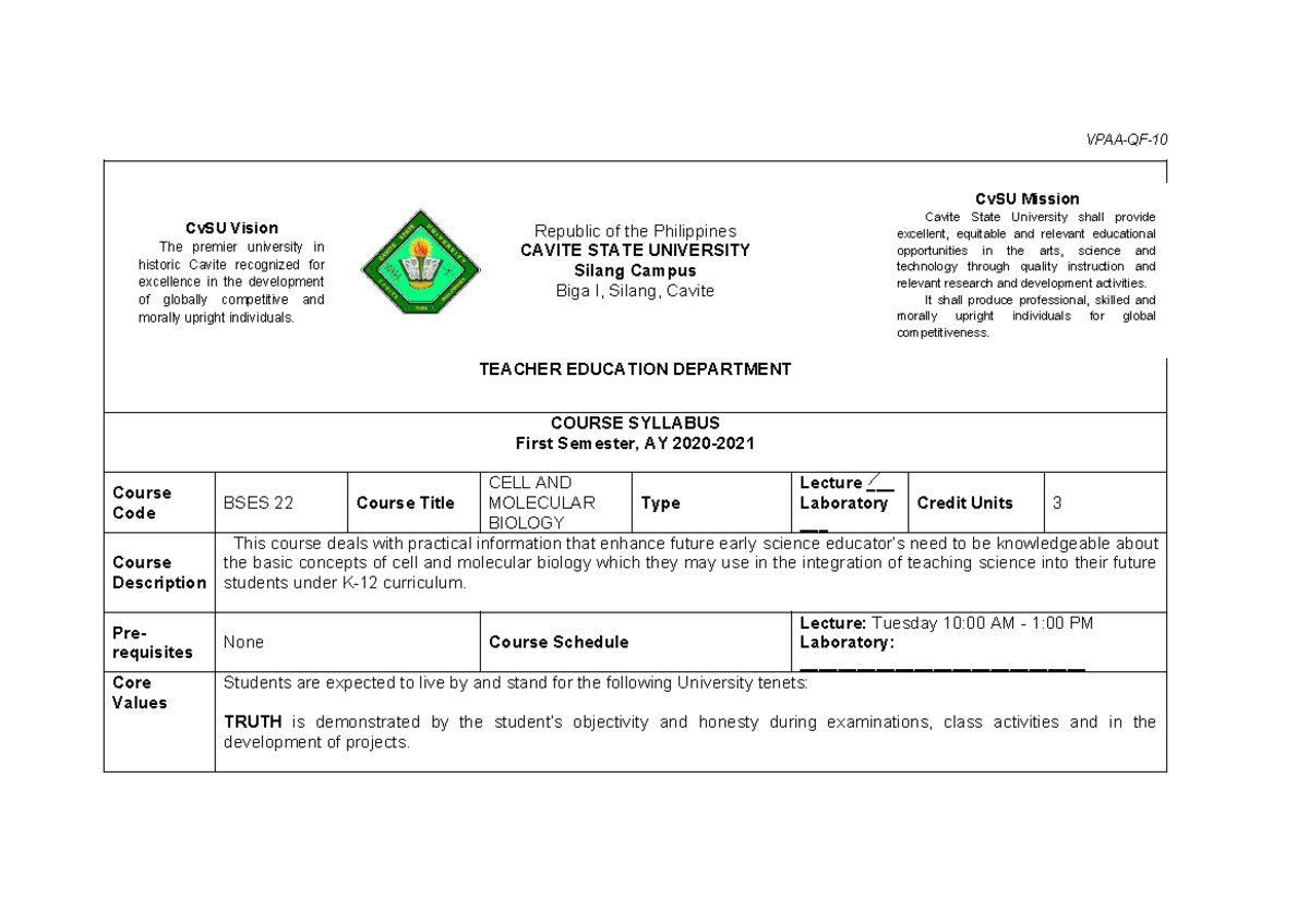 BSES 22 - Course Syllabi - Republic of the Philippines CAVITE STATE ...