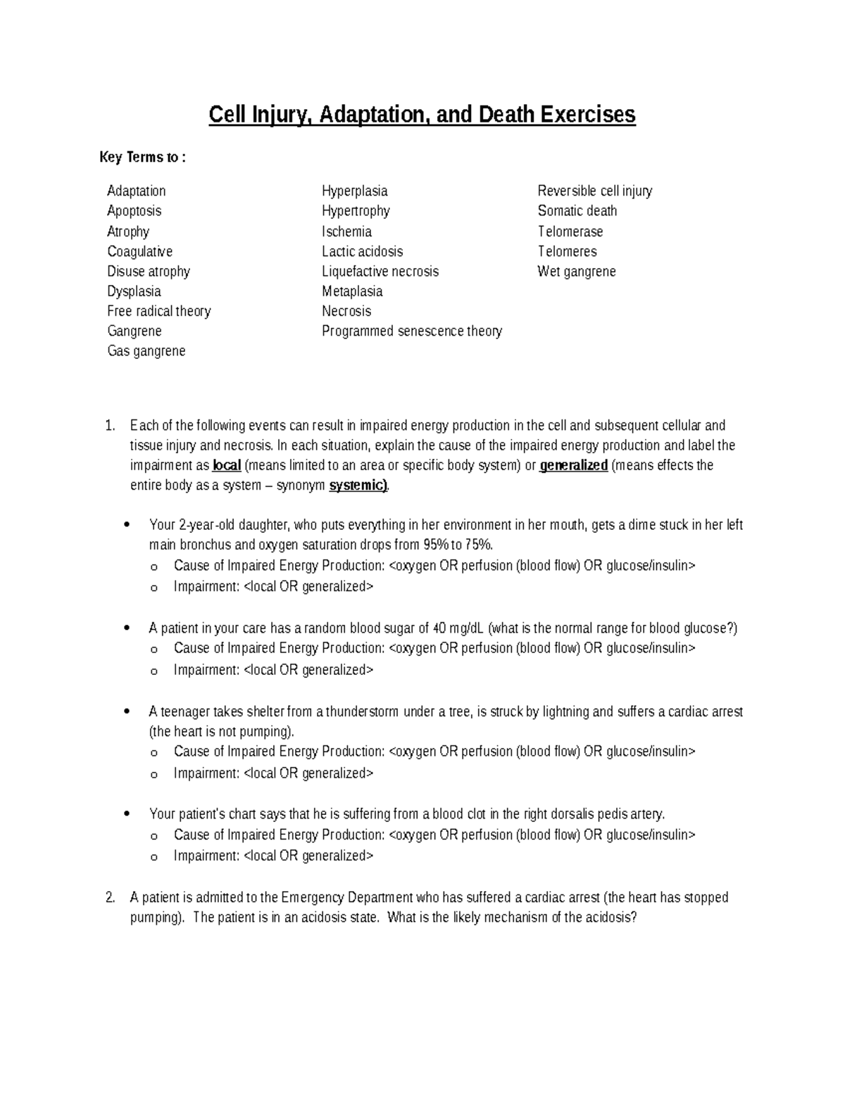 Cell Injury, Adaptation, and Death Worksheet Review - Cell Injury ...