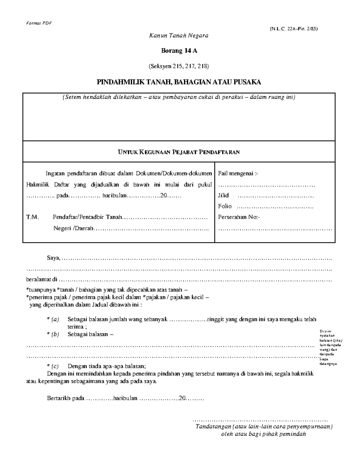 FORM 14A - Form 14A for practice/filing purposes - (N.L. 22A-Pin. 2/85 ...