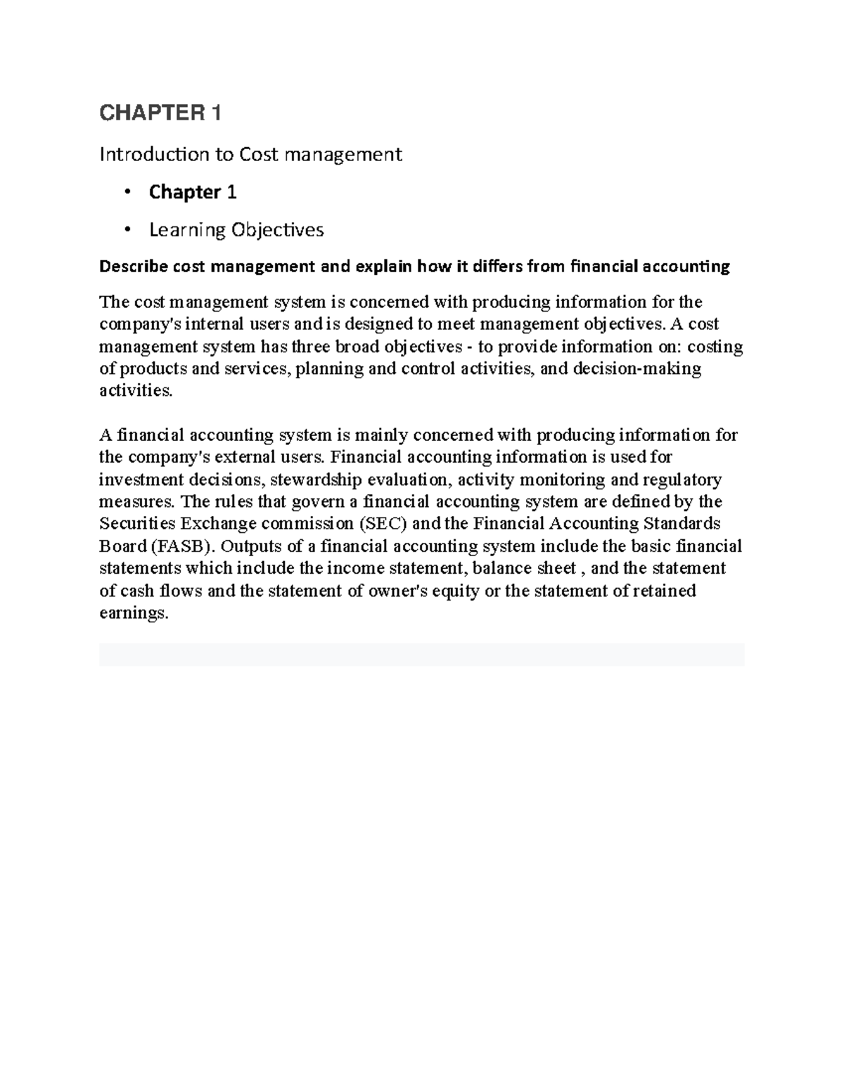 Chapter 1 - Teaching Notes - CHAPTER 1 Introduction to Cost management ...