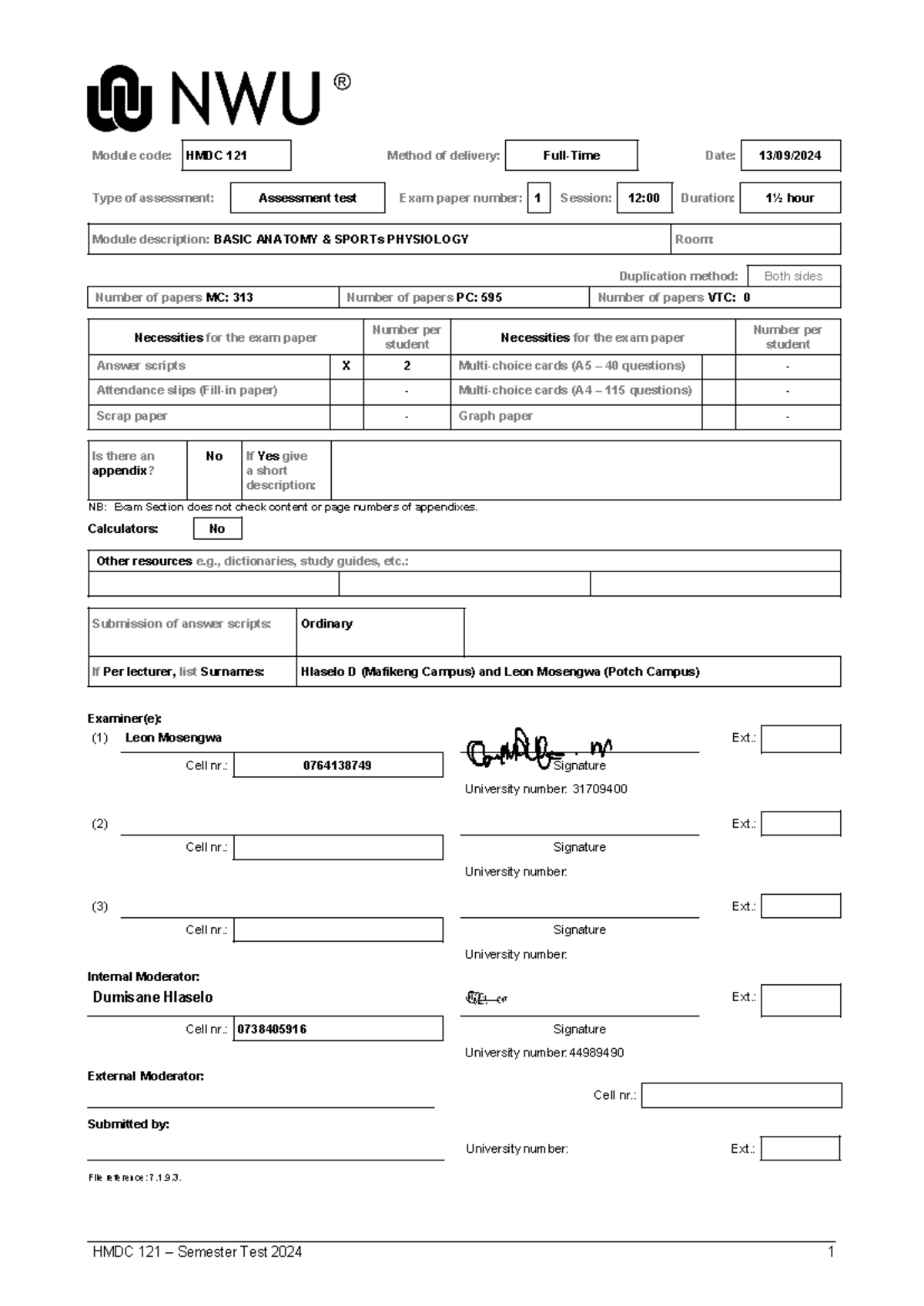 HMDC 121 Semester TEST 2024 Memorandum - Module code: HMDC 121 Method ...