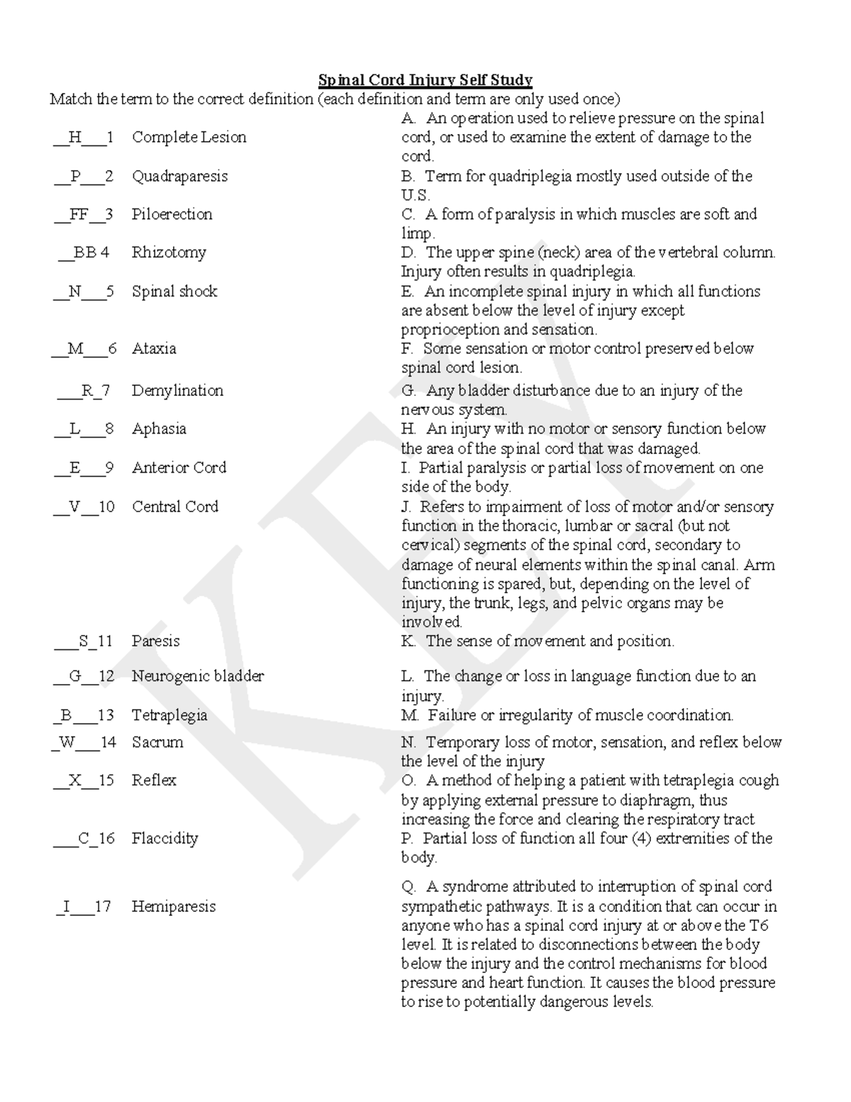Spinal Cord Injury notes - Spinal Cord Injury Self Study Match the term ...