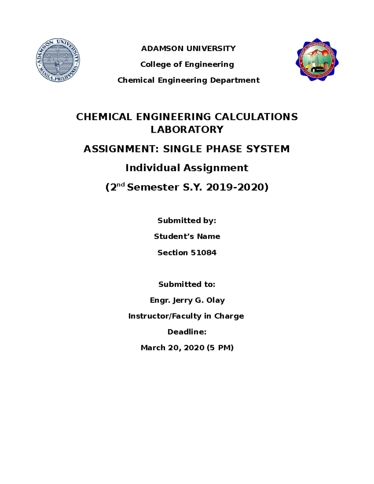Checalc assign template 2nd 2019 2020 - ADAMSON UNIVERSITY College of ...