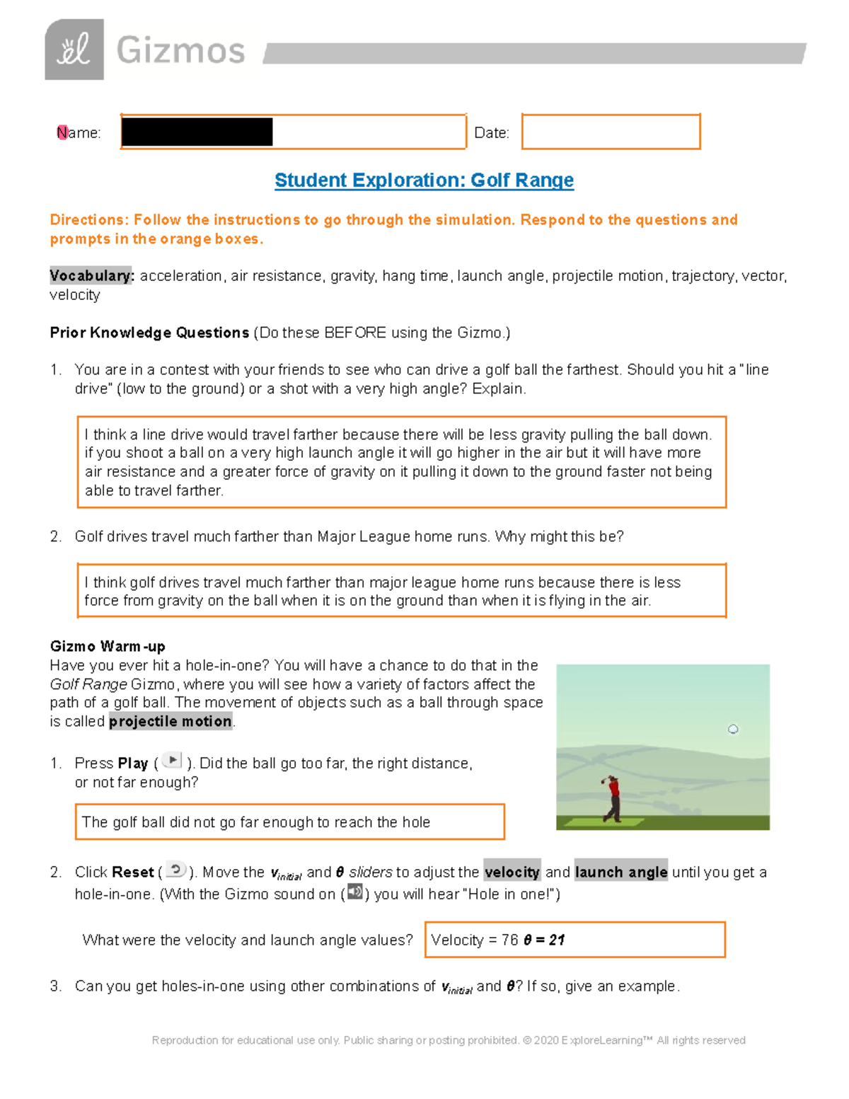 Golf Range SE - Physics Lab - Name: Ava Perrone Date: Student ...