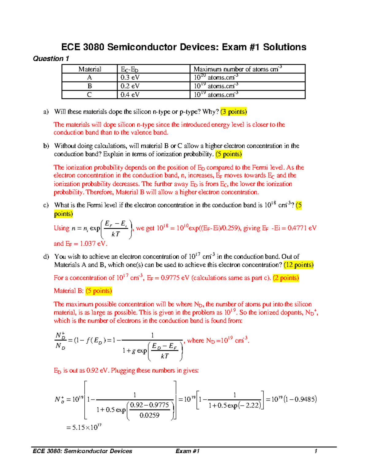 Exam1-2002-answers - Exam Practice - ECE 3080 Semiconductor Devices: Exam #1 Solutions Question ...