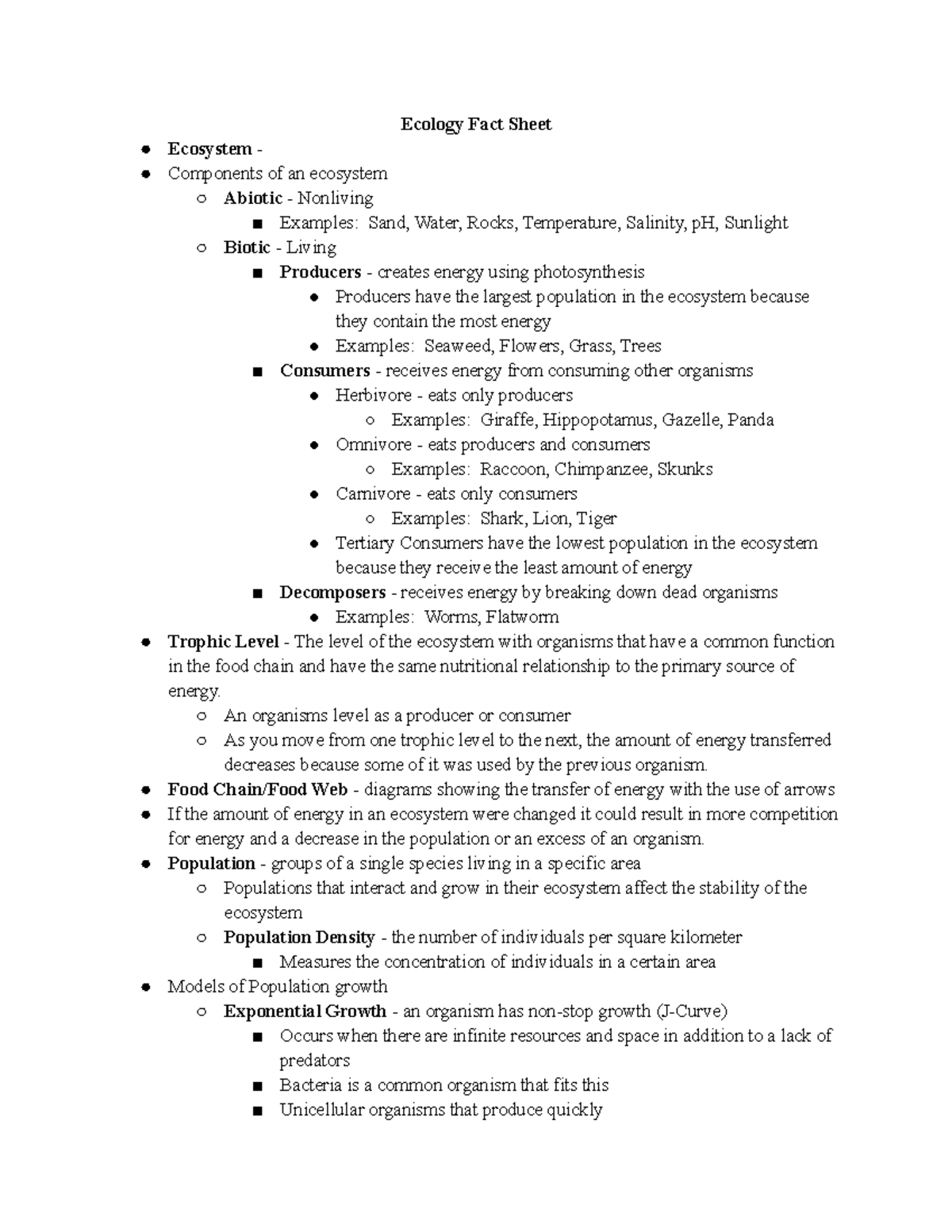 Biology Ecology Fact Sheet - Ecology Fact Sheet Ecosystem - Components ...