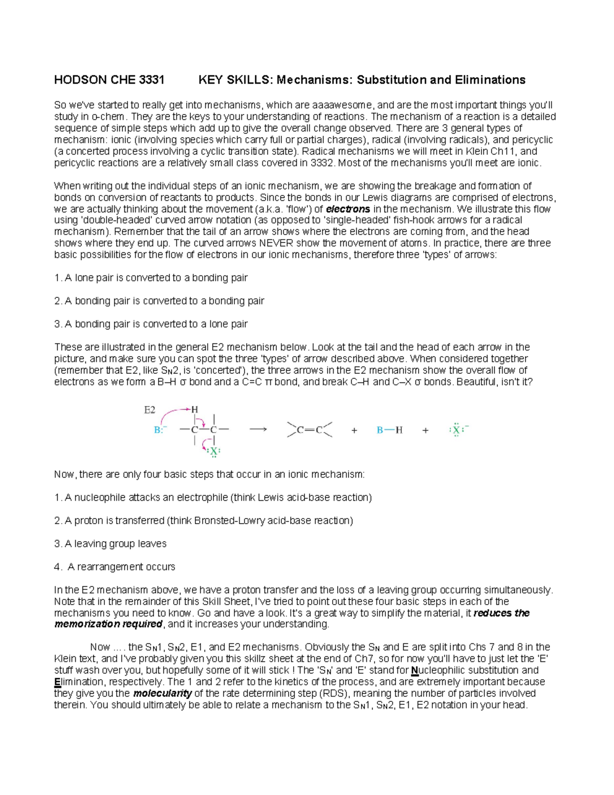 CHE 3331 KEY Skills Mechanisms Substitution and Elimination - HODSON ...