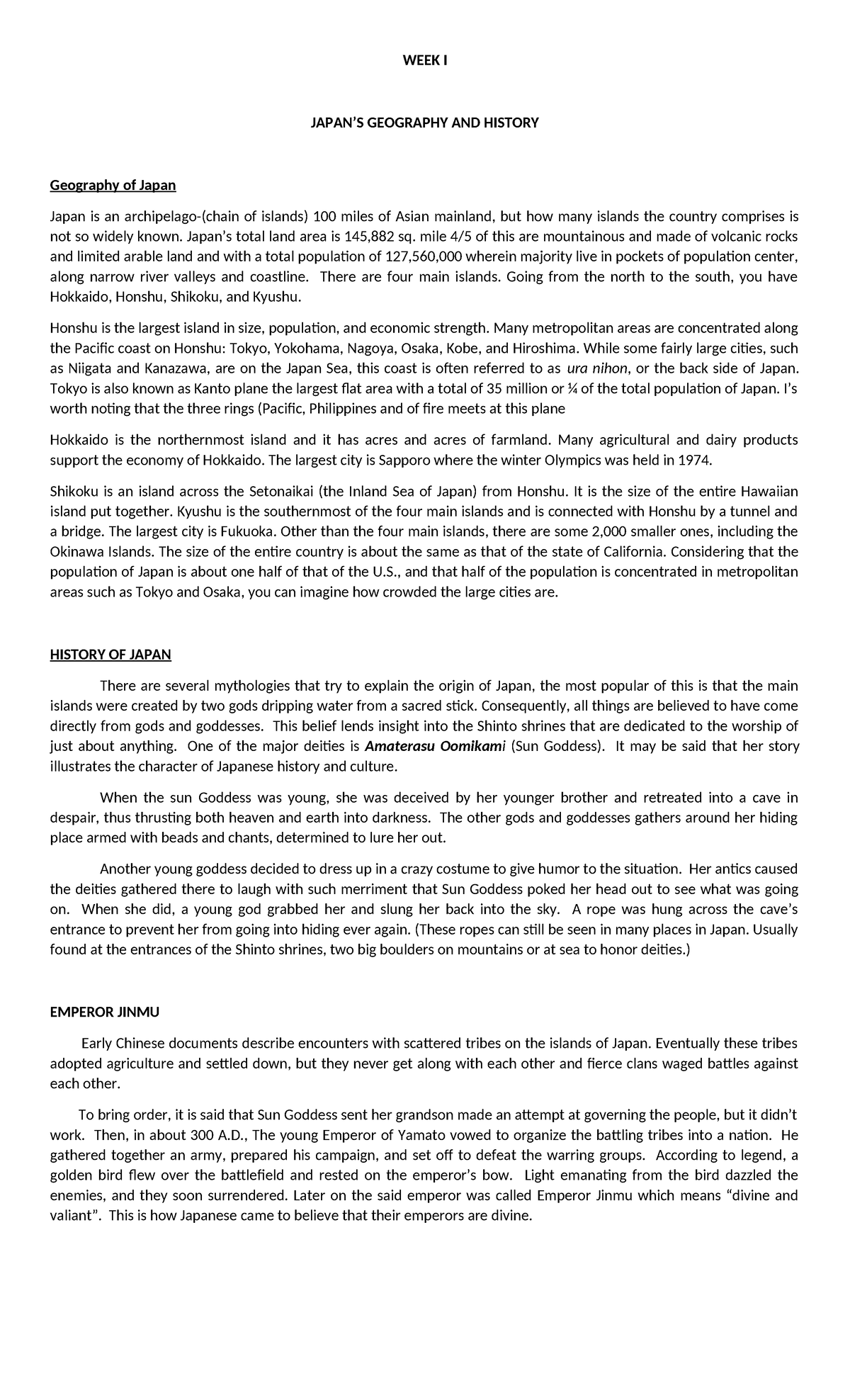 Prelim hand out - WEEK I JAPAN’S GEOGRAPHY AND HISTORY Geography of ...