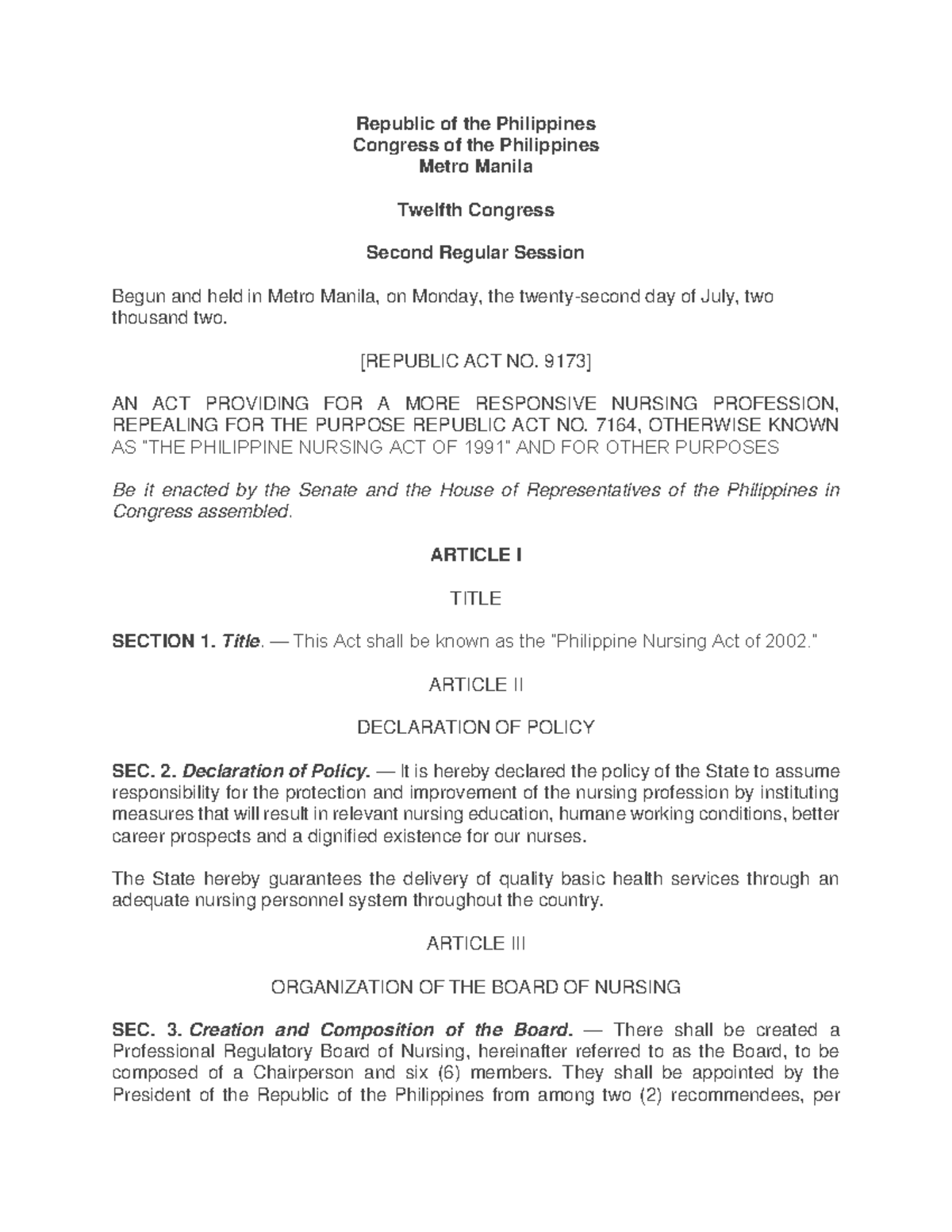RA 9173 - Informative - Republic of the Philippines Congress of the ...