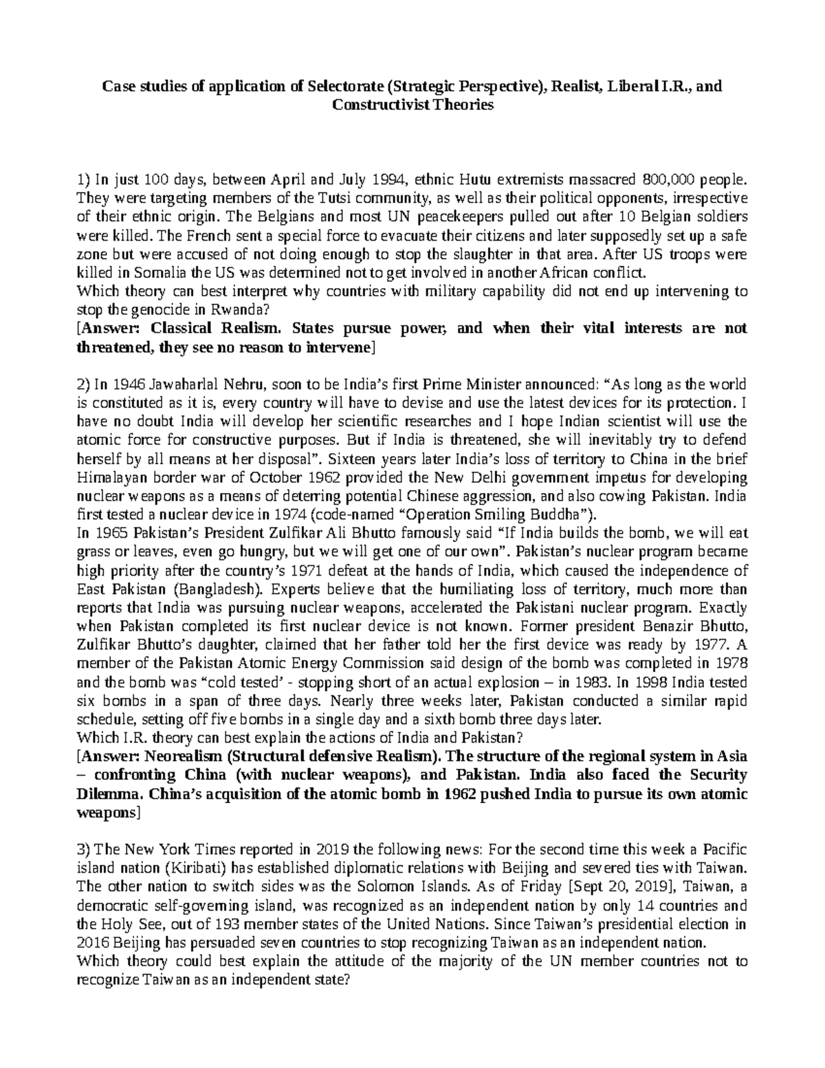 Case Studies IR Theories - Case studies of application of Selectorate (Strategic Perspective ...