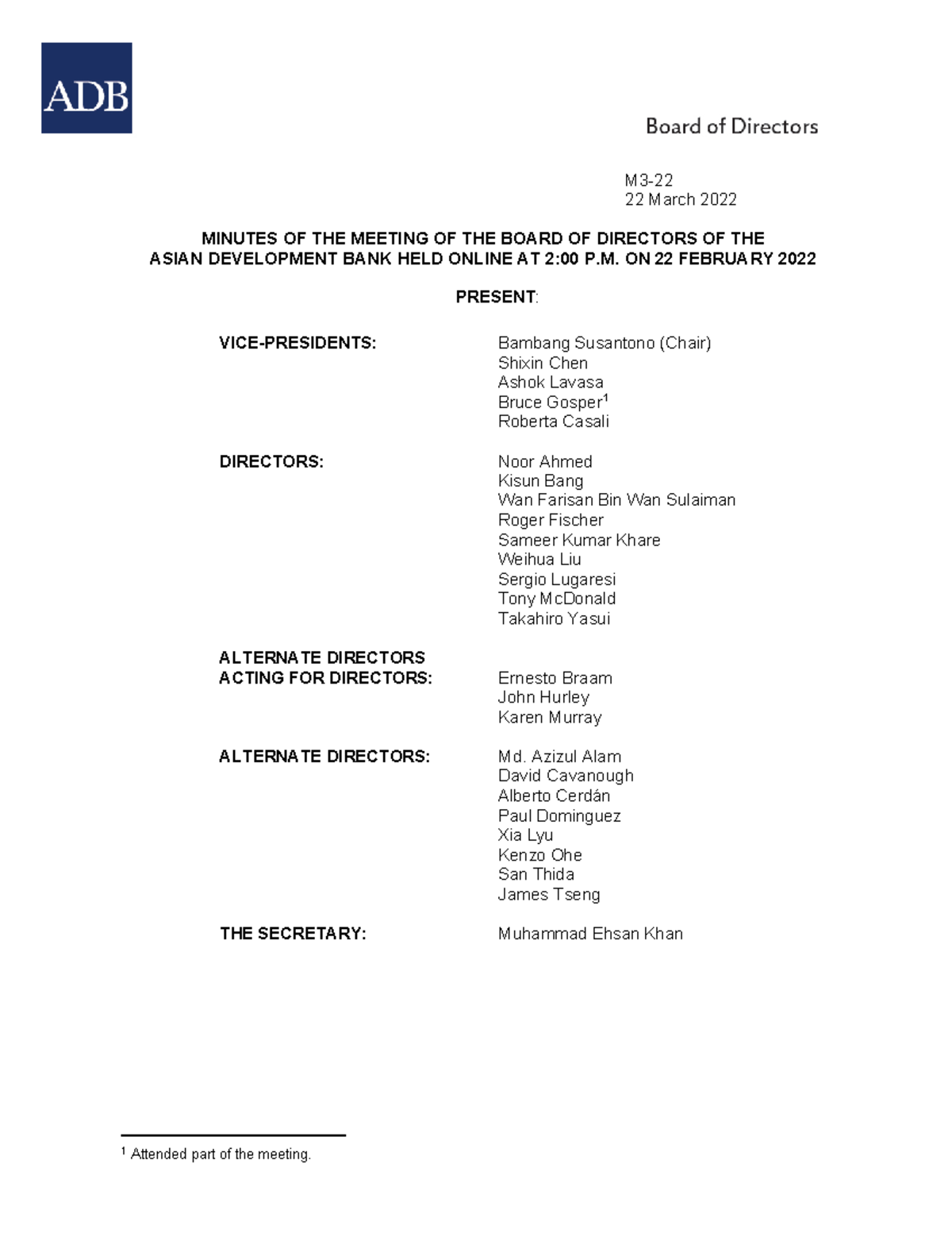 ADB minutes - M3- 22 March 2022 MINUTES OF THE MEETING OF THE BOARD OF ...