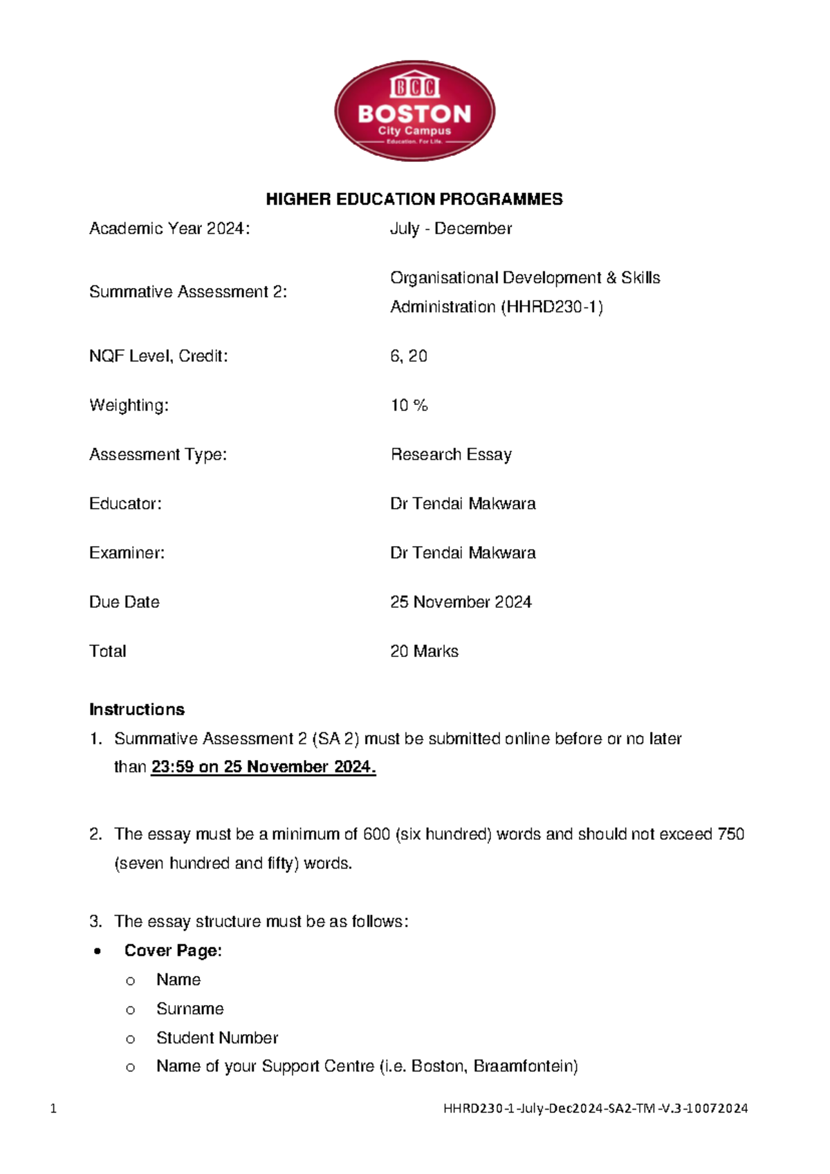 HHRD230 1 July Dec2024 SA2 TM V - HIGHER EDUCATION PROGRAMMES Academic ...