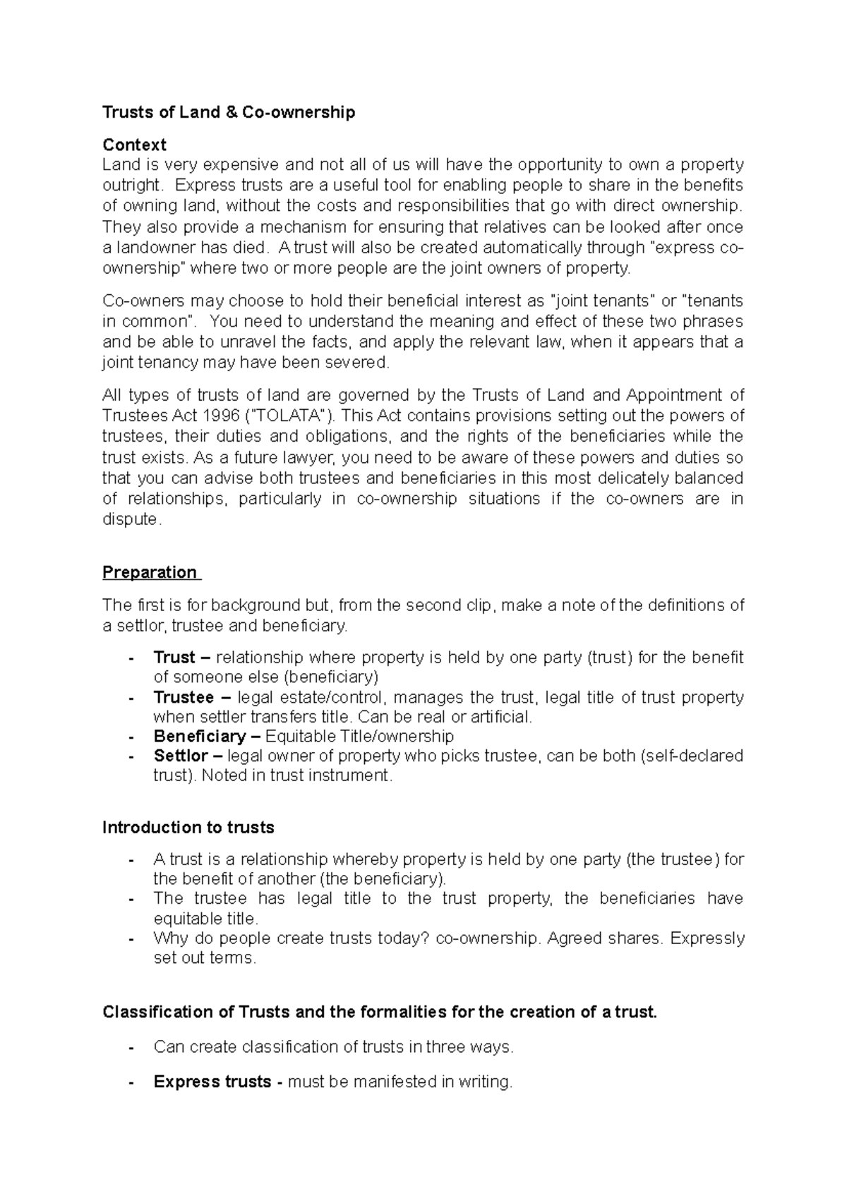 Land Law - Unit 4 - Trusts of Land & Co-ownership - Trusts of Land & Co ...