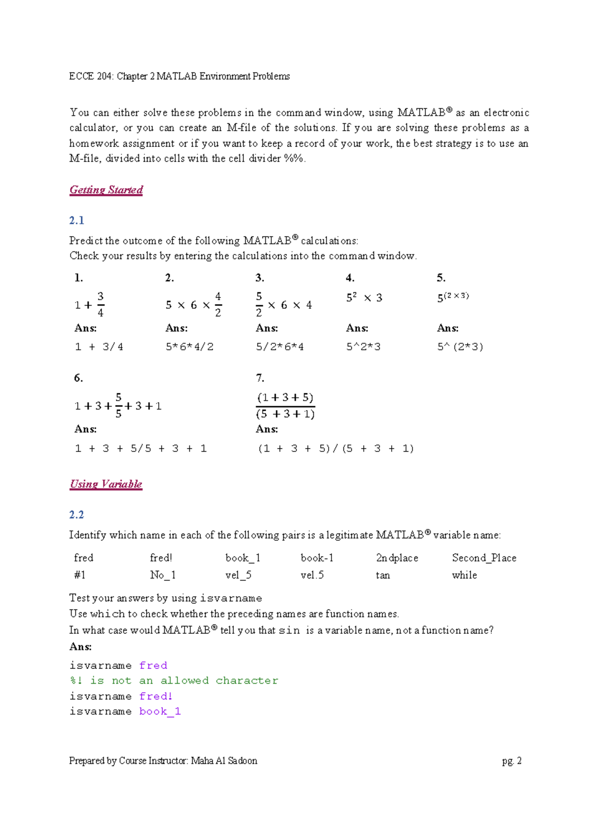 Upload - ch 2 solution - ECCE 204: Chapter 2 MATLAB Environment ...