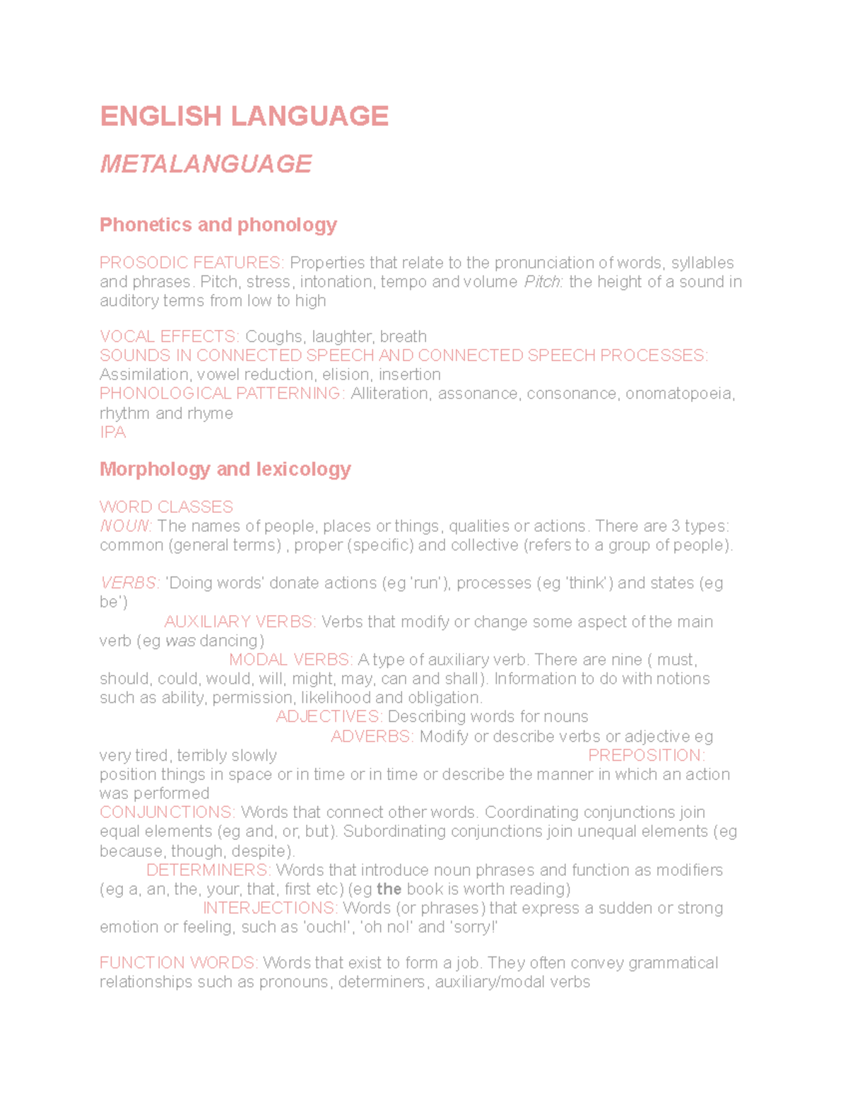 English Language - ENGLISH LANGUAGE METALANGUAGE ####### Phonetics and ...