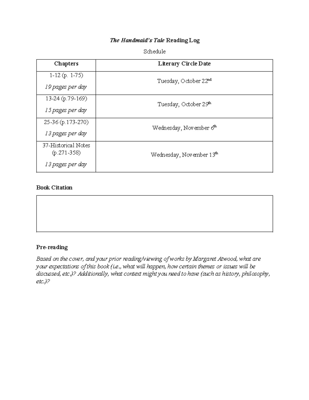 Novel Study Reading Log - The Handmaid’s Tale Reading Log Schedule ...