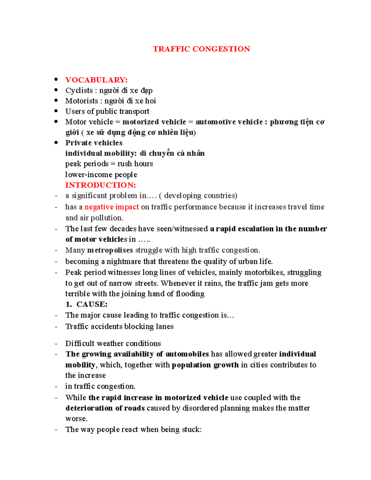 Traffic Congestion - ưerwerwer - TRAFFIC CONGESTION VOCABULARY ...