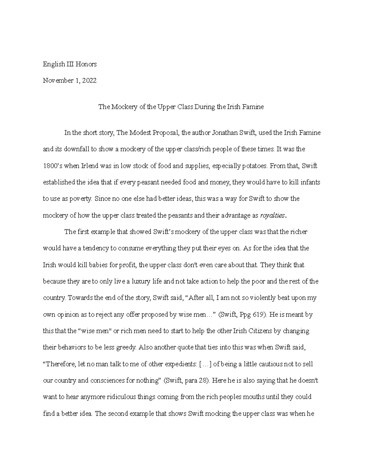 The Modest Proposal Satire Analysis - English III Honors November 1 ...