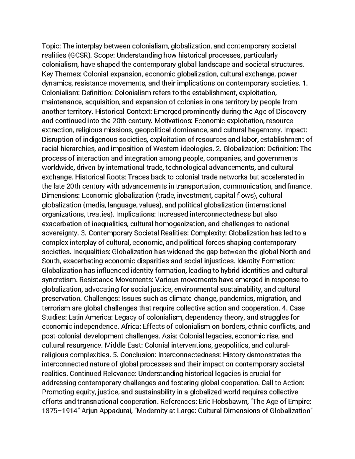 Lecture Notes: Global History - Colonialism, Globalization, and ...