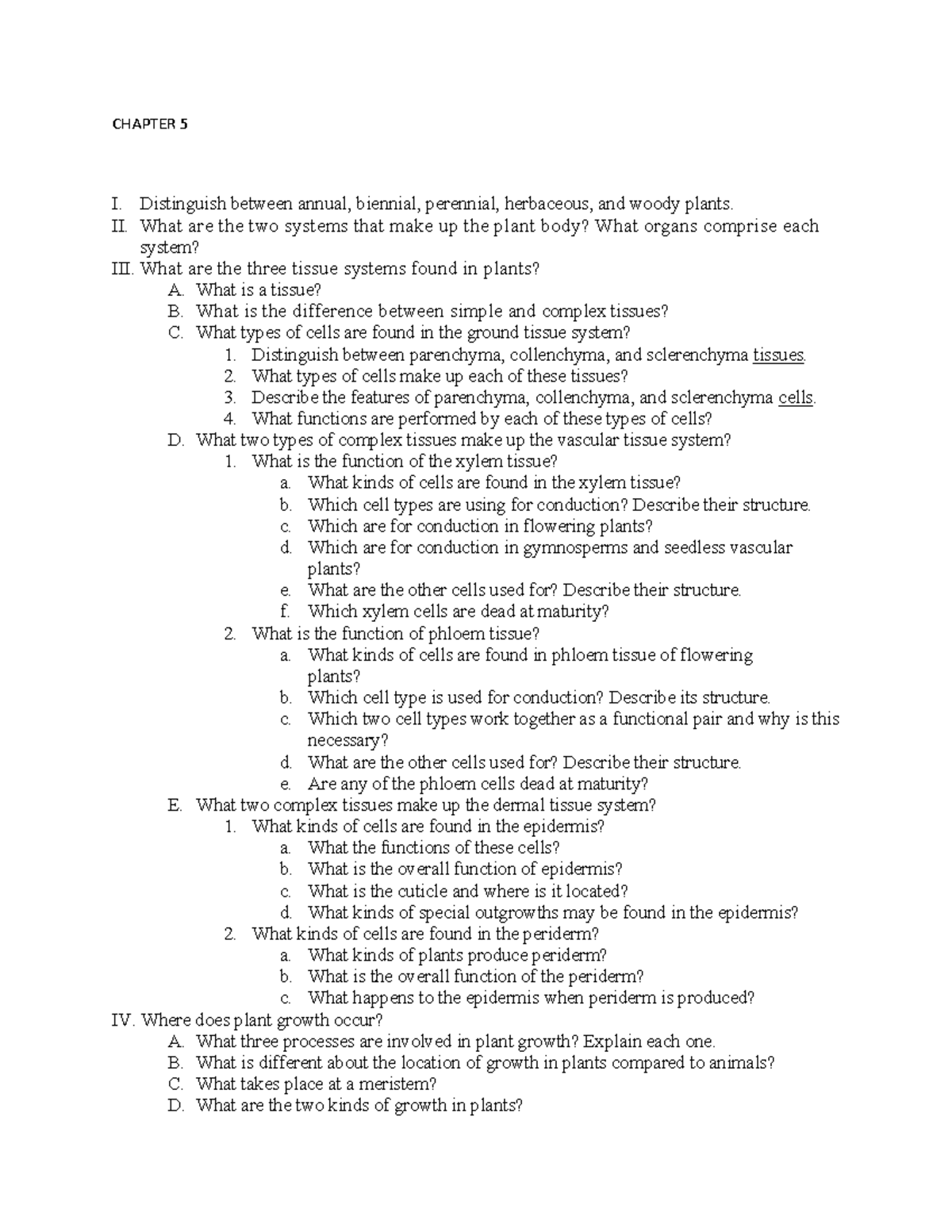 Chapter 5 Botany (Study guide) - CHAPTER 5 I. Distinguish between ...